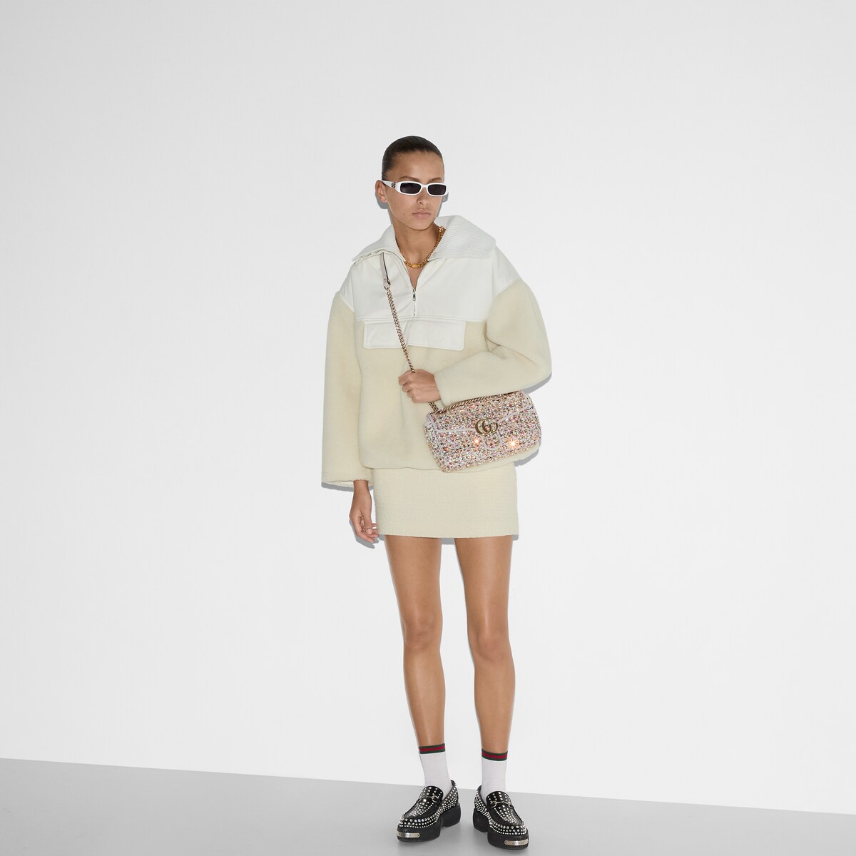 GG Marmont crystals medium shoulder bag in oatmeal tweed | GUCCI® UK