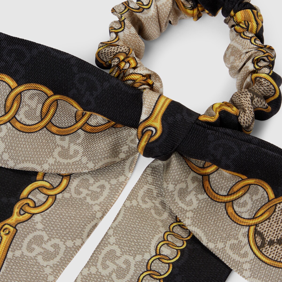 GG Gucci chain silk scrunchie in beige and black | GUCCI® US