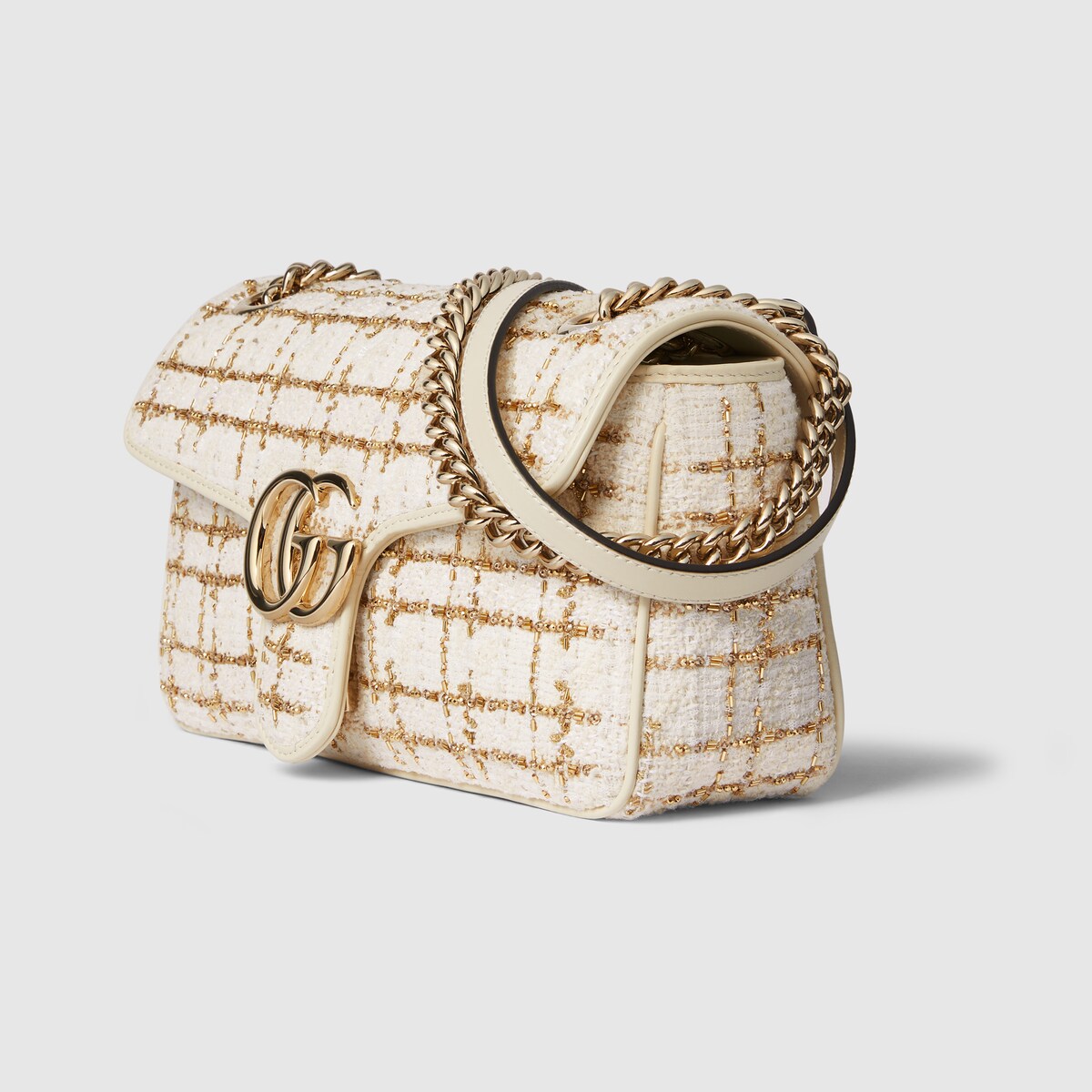GG Marmont embroidered medium shoulder bag in ivory tweed | GUCCI® PT