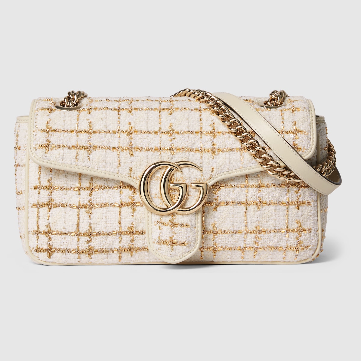 GG Marmont embroidered medium shoulder bag in ivory tweed | GUCCI® LU