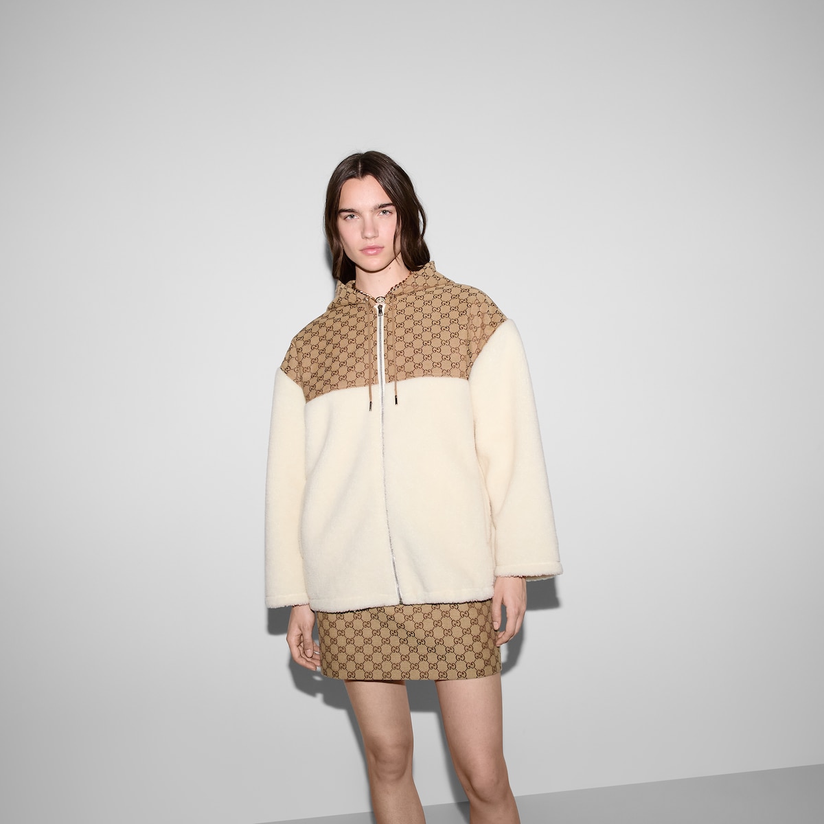 GG intarsia wool fleece zip jacket in white and camel | GUCCI® UK