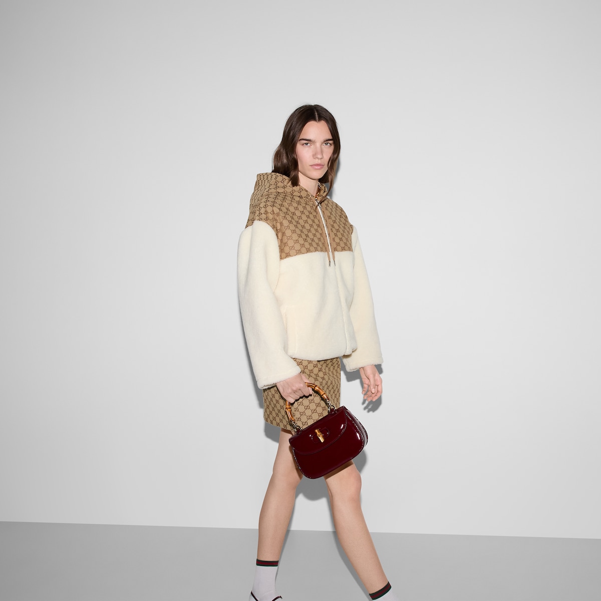 GG intarsia wool fleece zip jacket in white and camel | GUCCI® UK