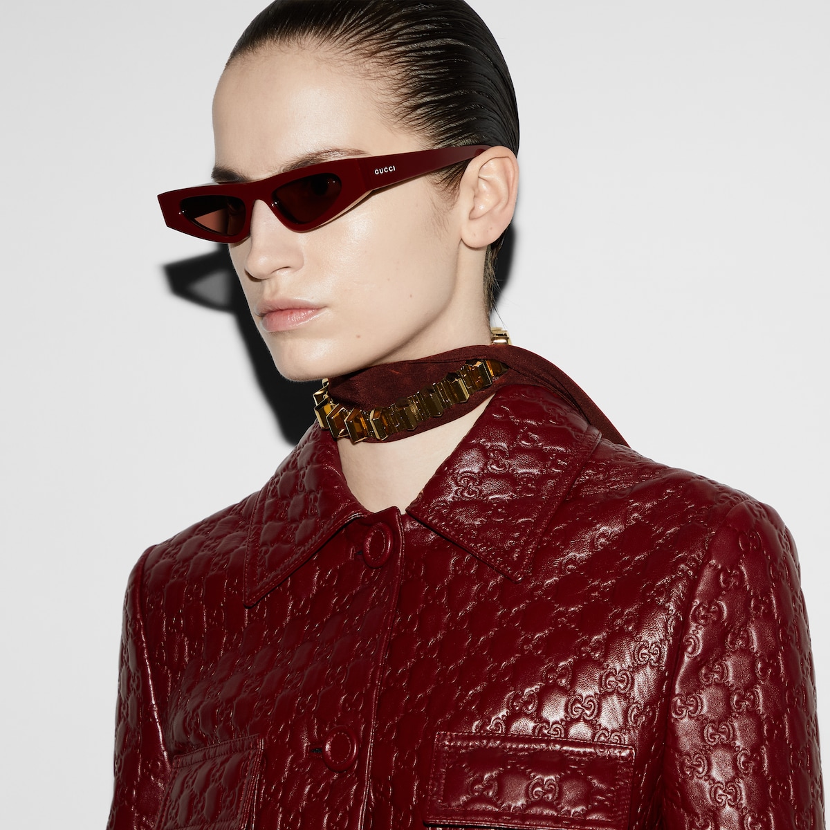 GG embossed leather jacket in Gucci Rosso Ancora red | GUCCI® UK