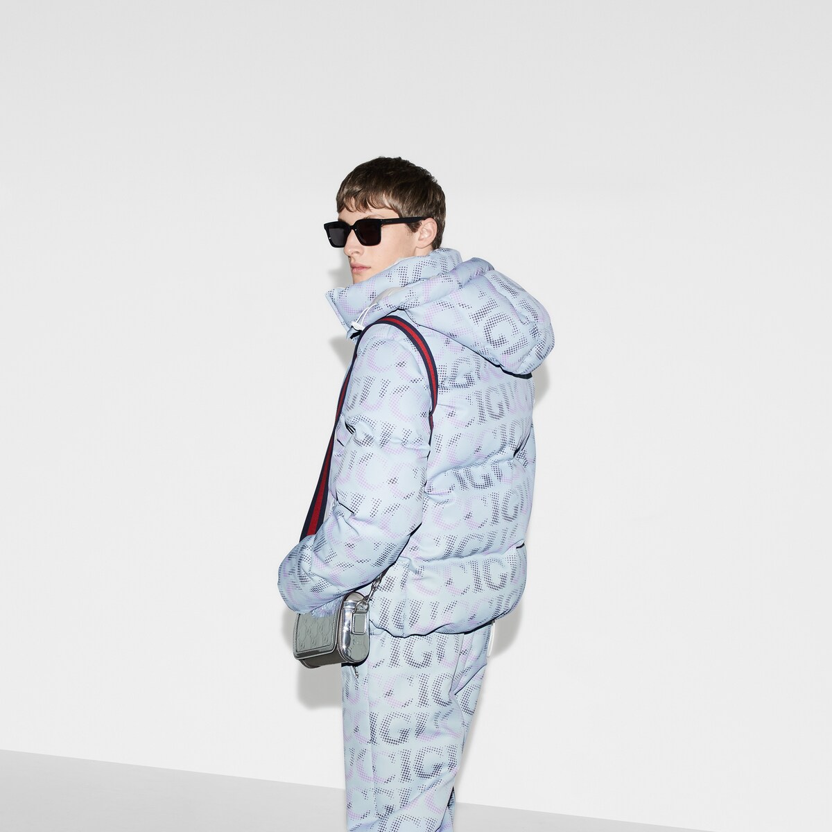 Nylon puffer down jacket in light blue and lilac | GUCCI® Canada