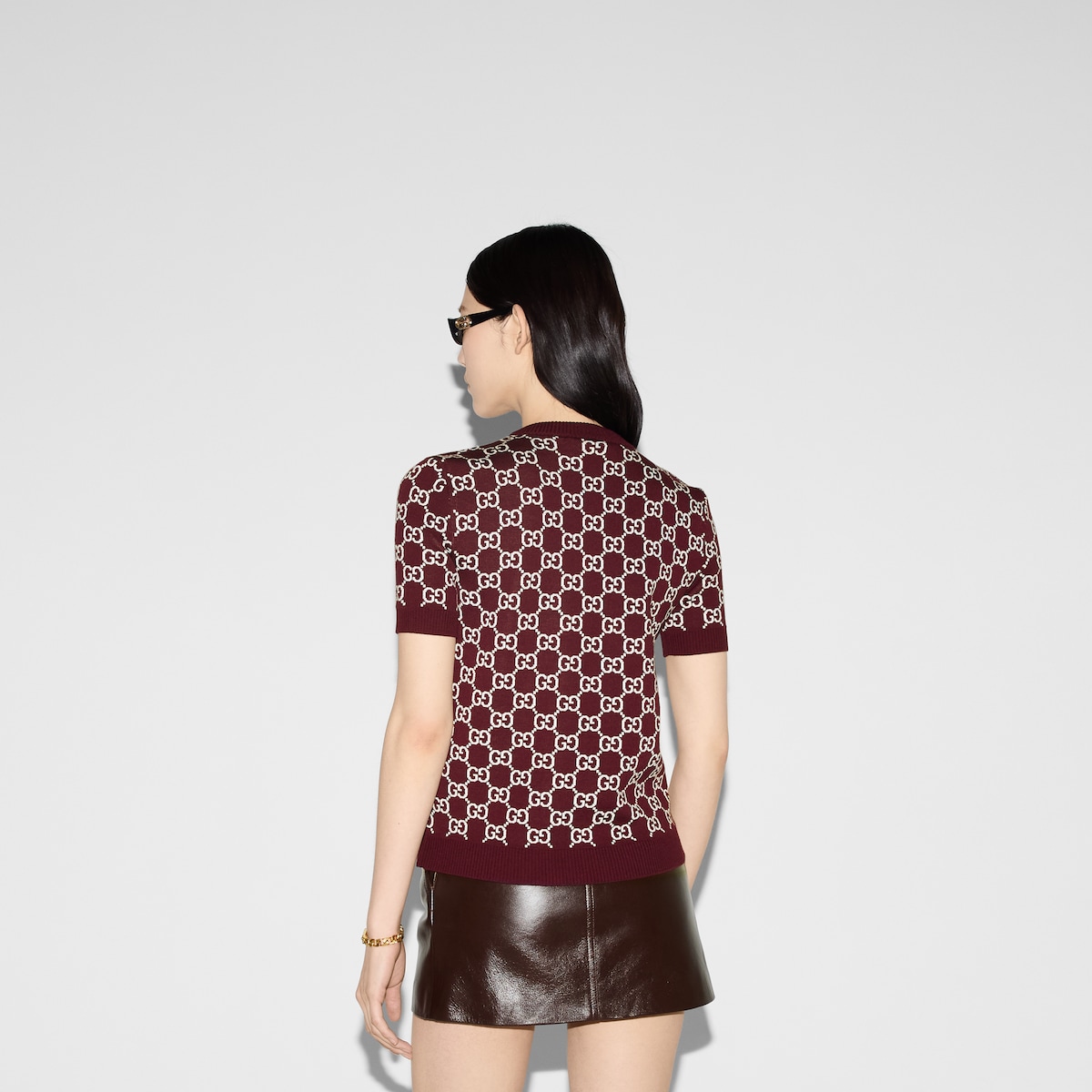 Reversible GG wool jacquard top in bordeaux and white | GUCCI® US