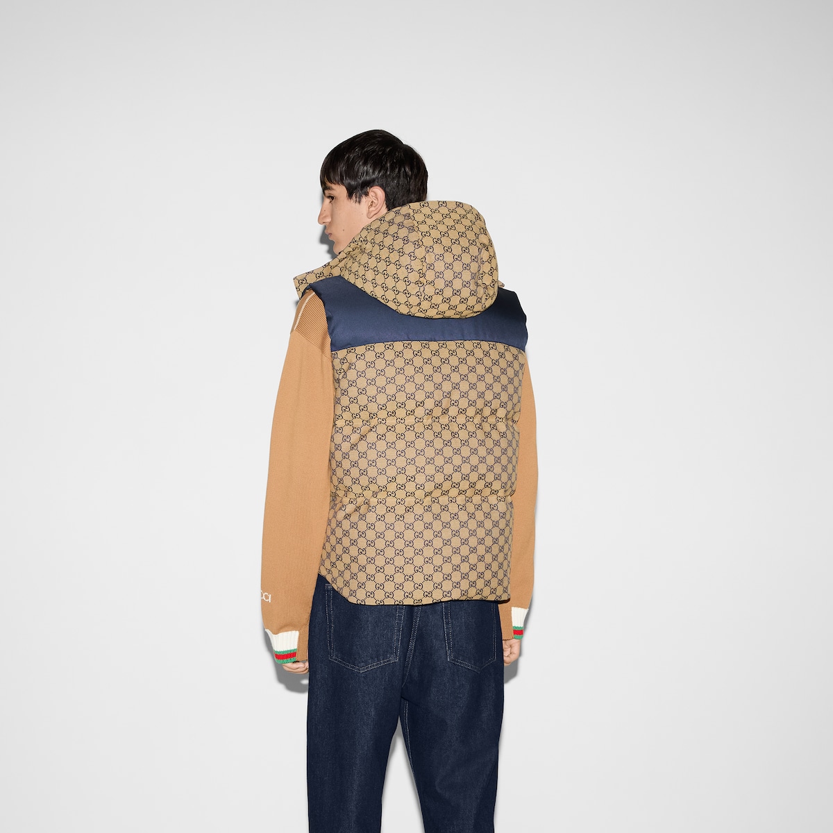 GG canvas down vest with detachable hood in beige and blue | GUCCI® Canada