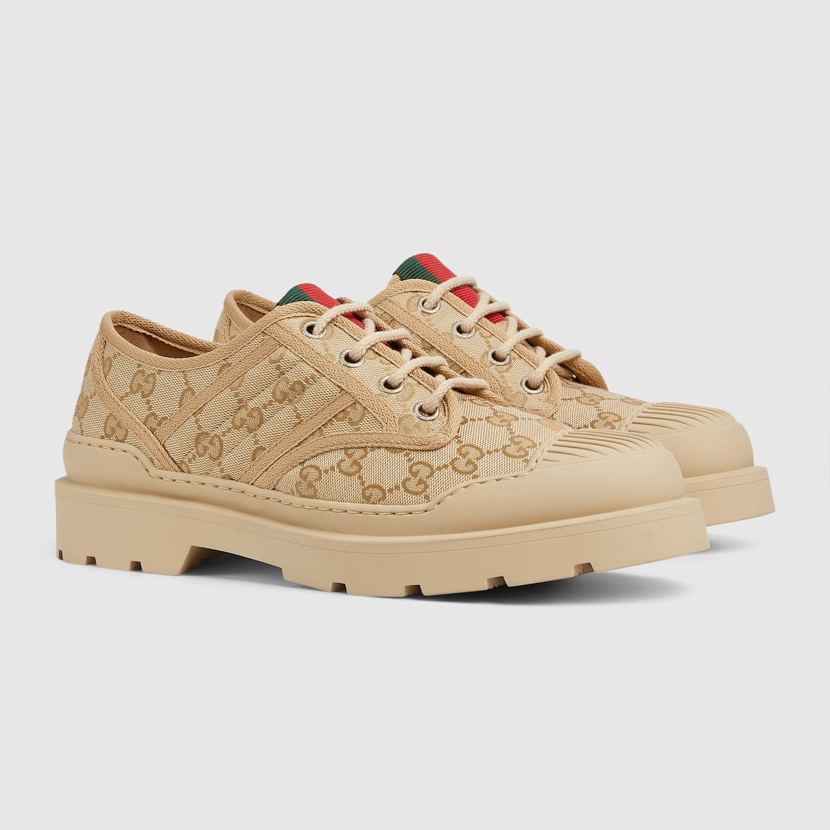 Chaussures à lacets avec bande Web pour homme en toile beige | GUCCI® FR