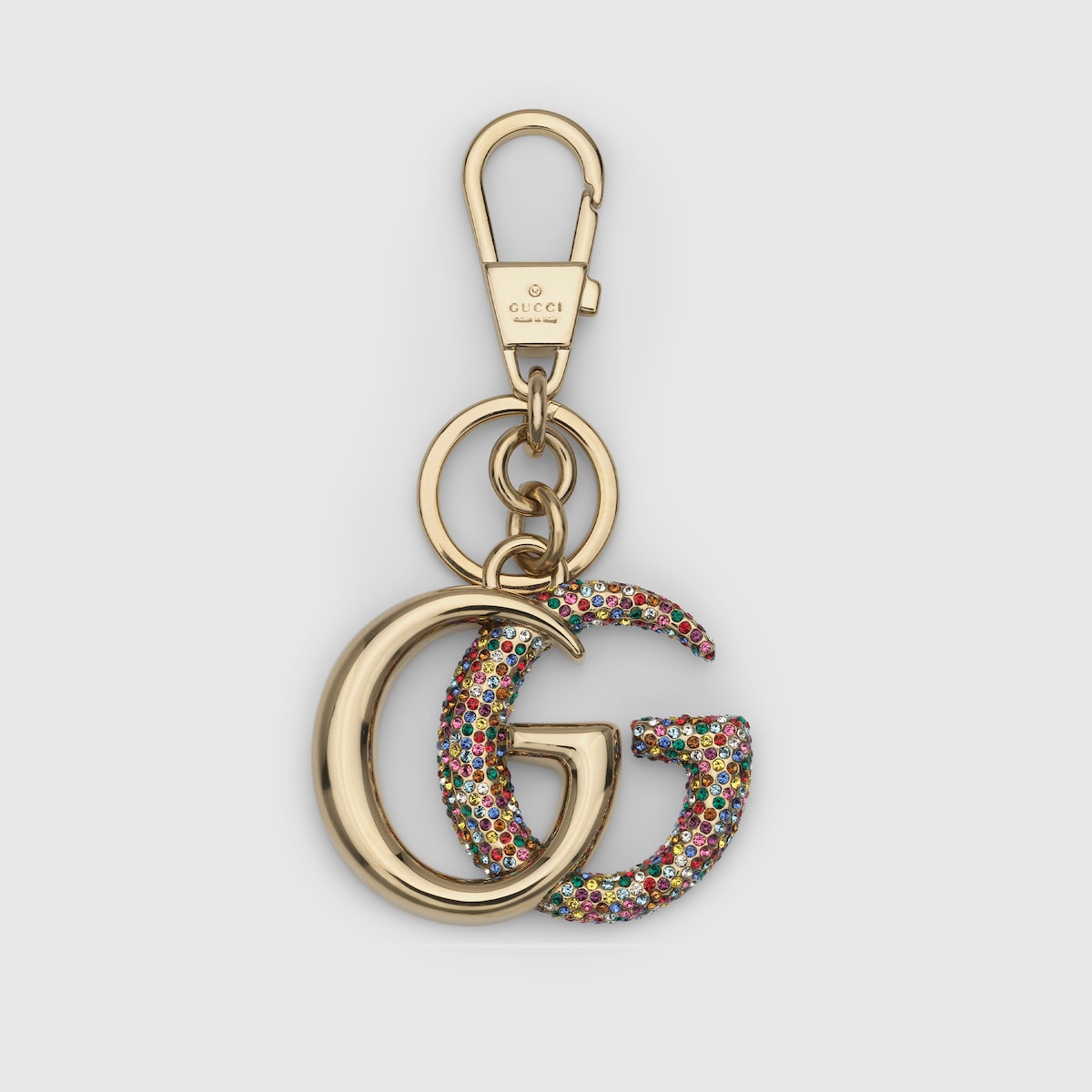 Crystal Double G keychain in light gold-toned metal | GUCCI® CA