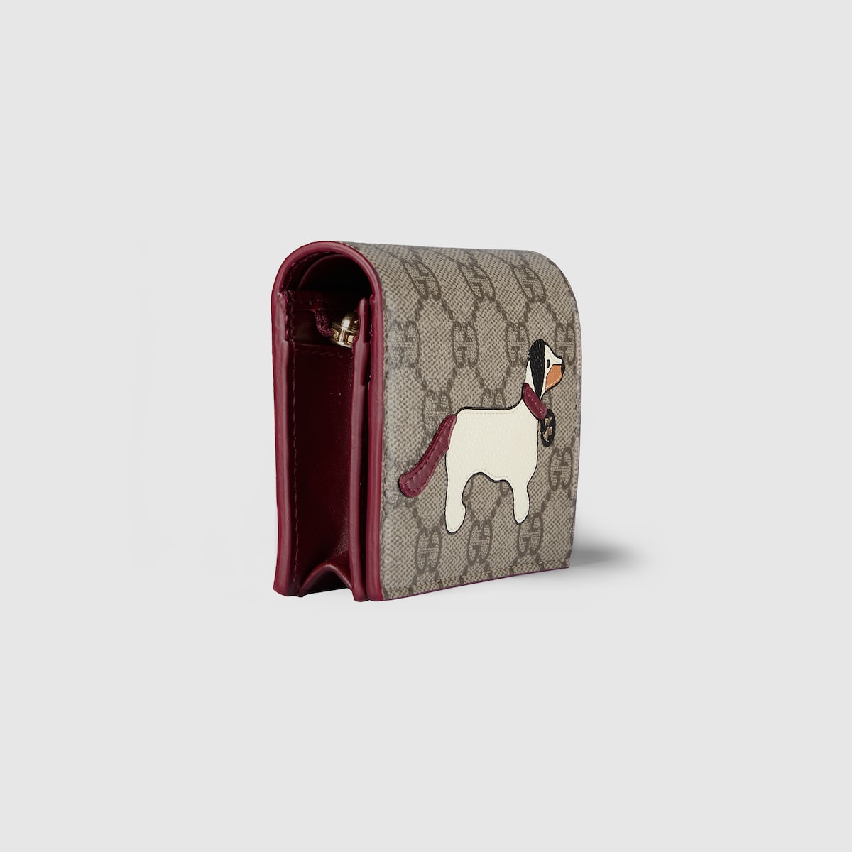 GG mini wallet with dog detail in beige and dark brown fabric | GUCCI® AE
