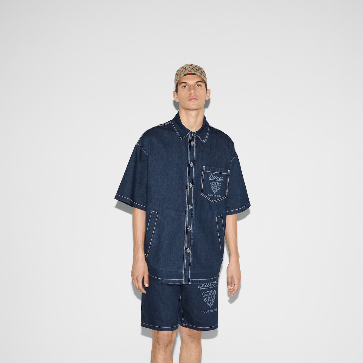 Lasered denim shirt in blue | GUCCI® US