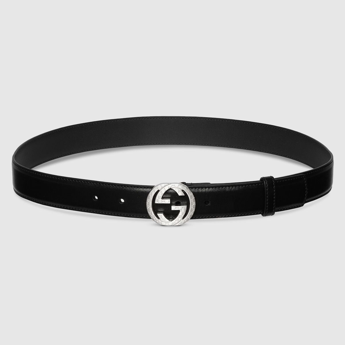 Belt with Interlocking G engraved buckle in black leather | GUCCI® UK