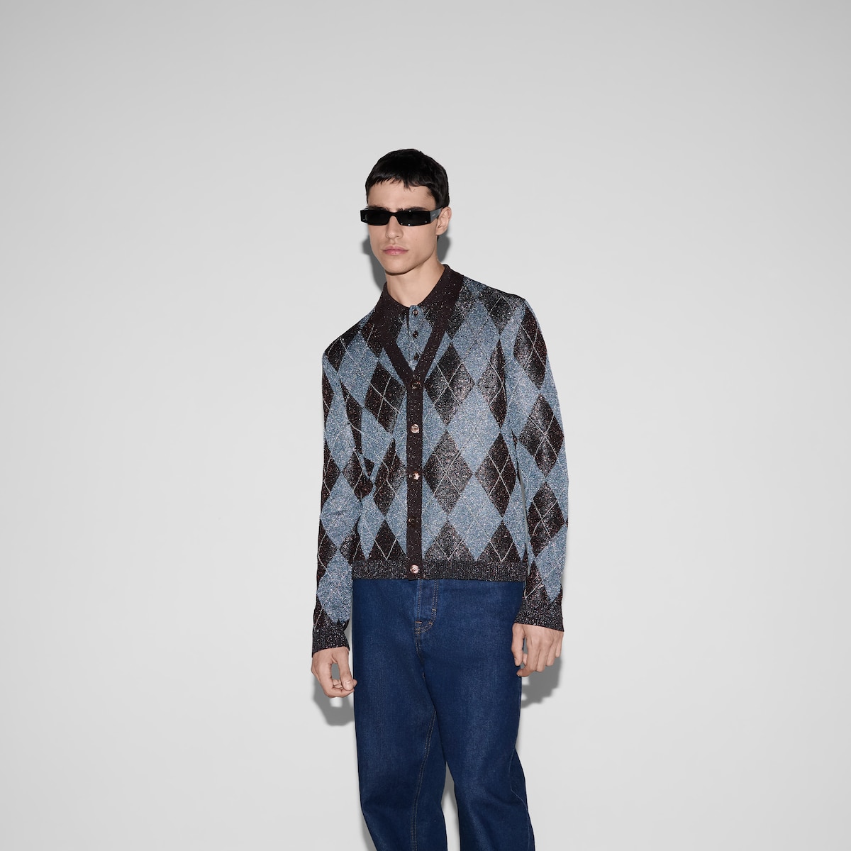 Lamé and wool cardigan in dusty blue and brown | GUCCI® ZA Lamé and wool cardigan in dusty blue and brown | GUCCI® ZA