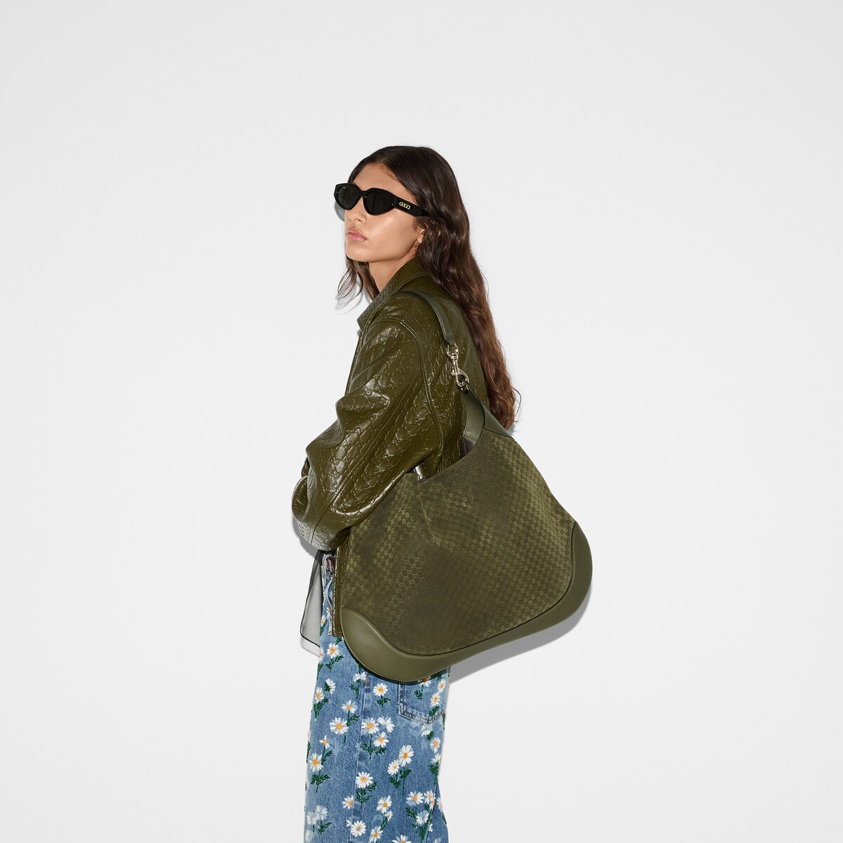 Gucci B large shoulder bag in dark green GG suede | GUCCI® US