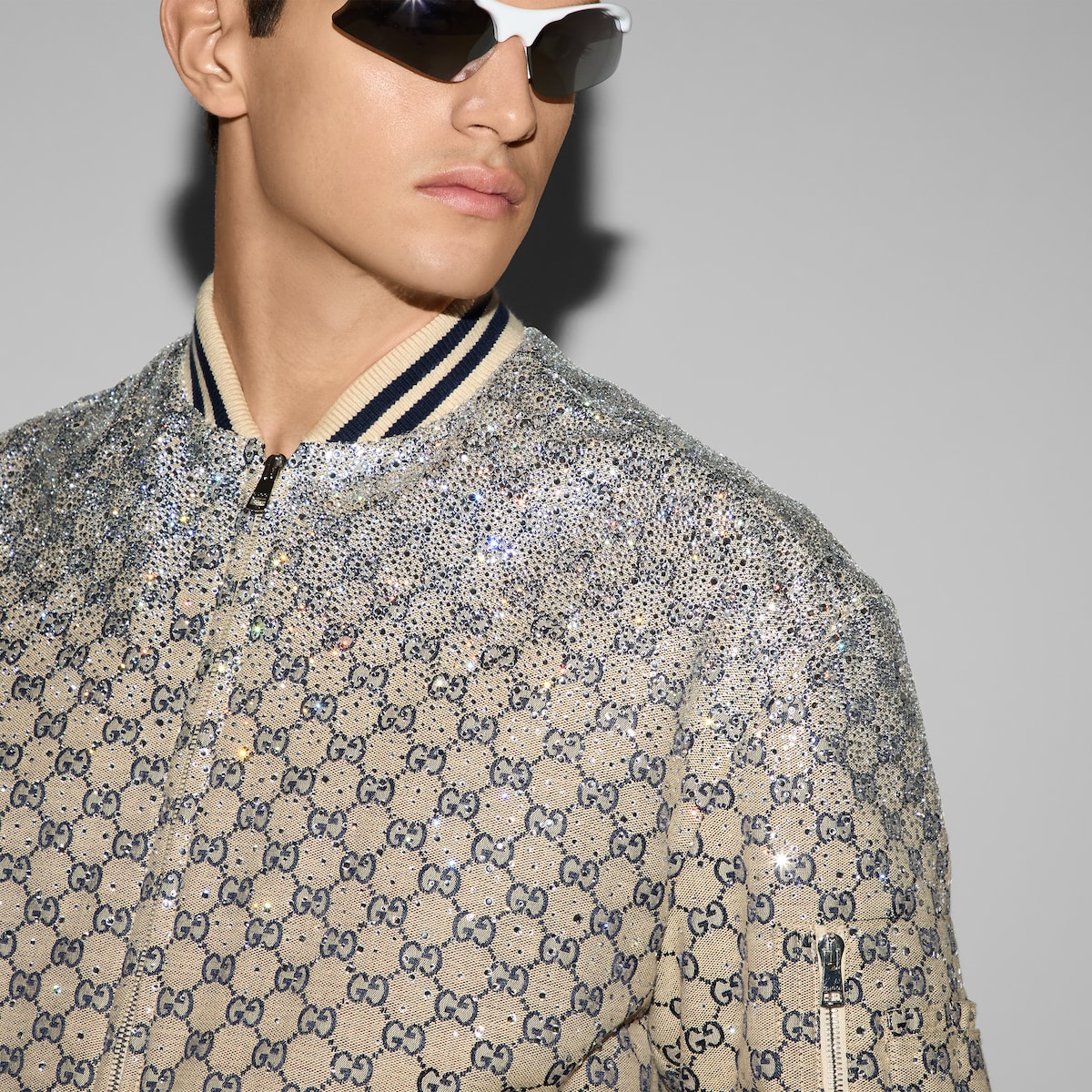 GG canvas bomber jacket with crystals in oatmeal and blue | GUCCI® US