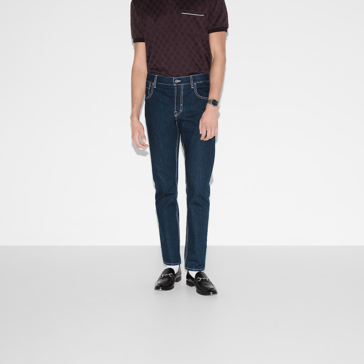 Lasered tapered denim pant in dark blue | GUCCI® ZA