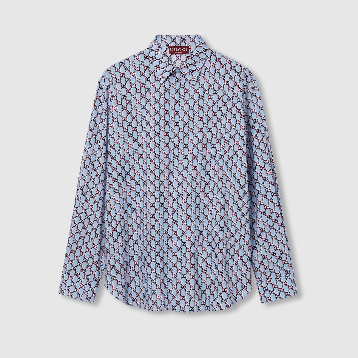 Camicia in cotone stampato in celeste e Gucci Rosso Ancora | GUCCI® Italia