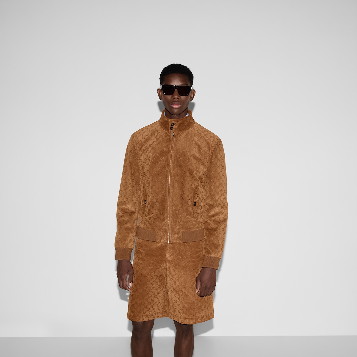 Embossed GG suede bomber jacket in camel | GUCCI® US