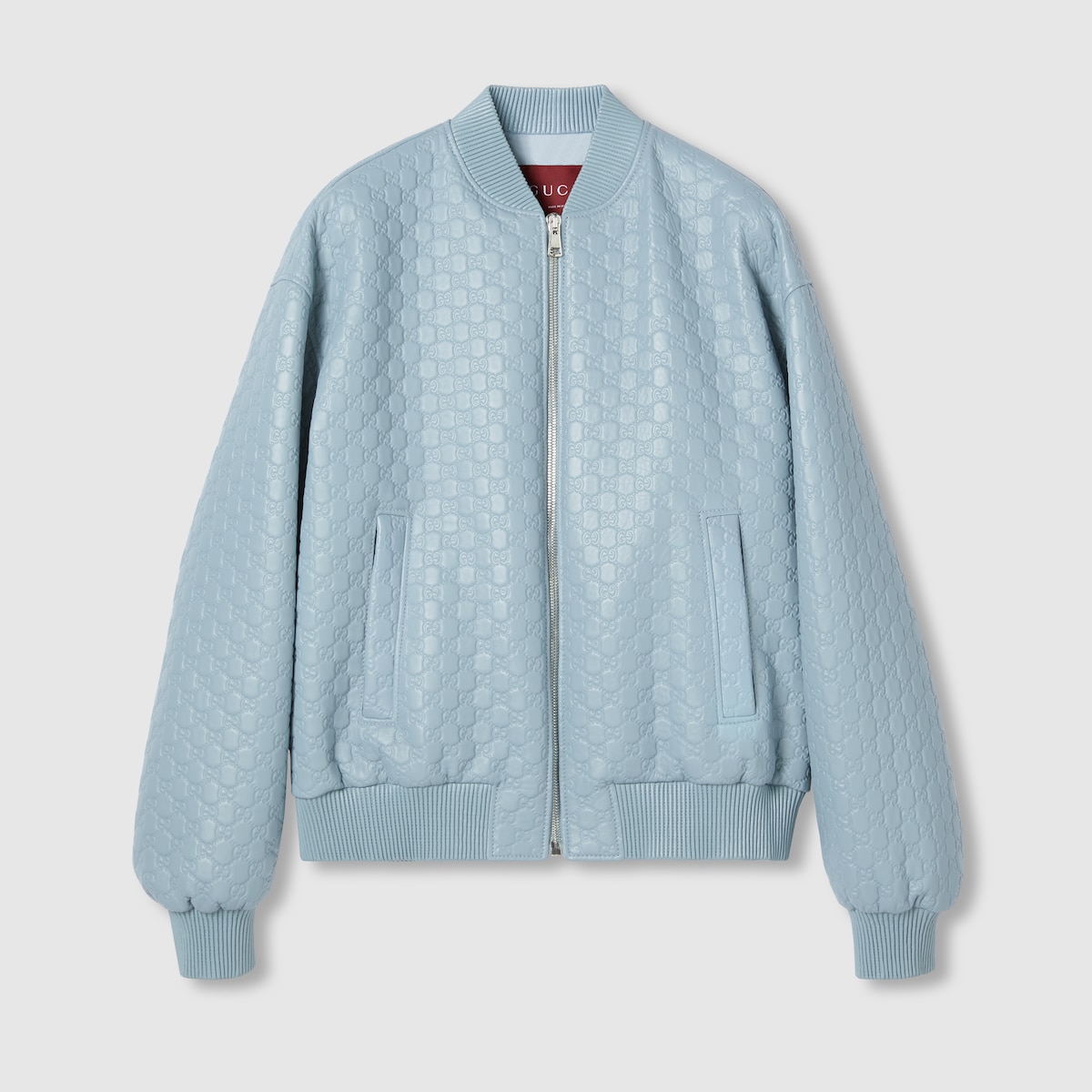 Embossed GG leather bomber jacket in light blue | GUCCI® TR