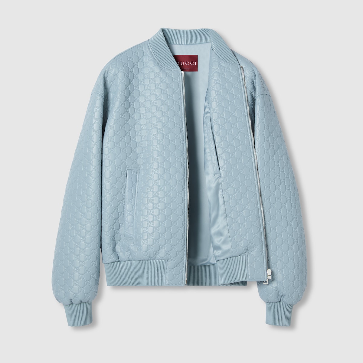 Embossed GG leather bomber jacket in light blue | GUCCI® ZA