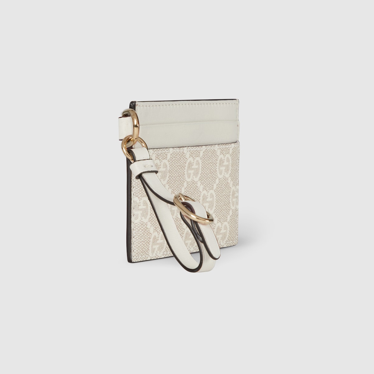 GG Emblem card case with strap in beige and white fabric | GUCCI® AU