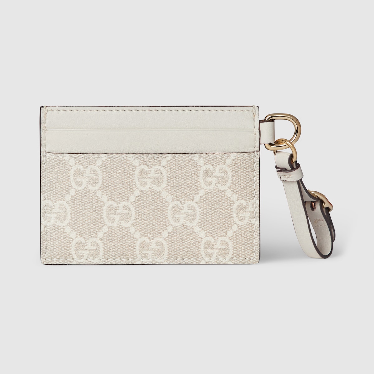 GG Emblem card case with strap in beige and white fabric | GUCCI® US