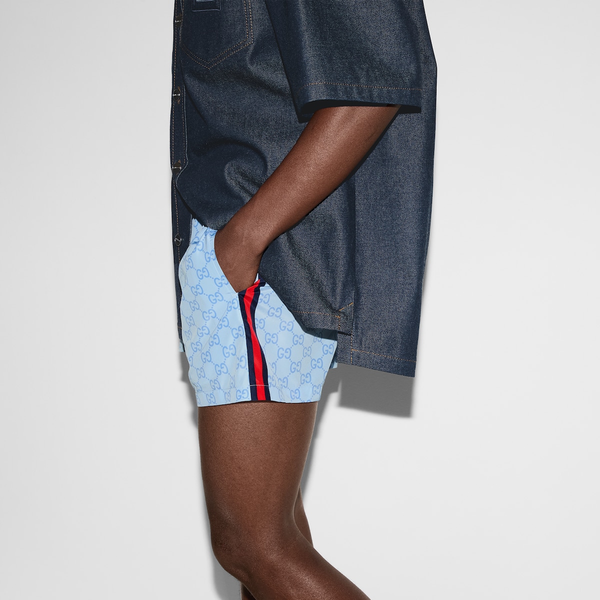 Printed poplin tech swim shorts in light blue | GUCCI® US