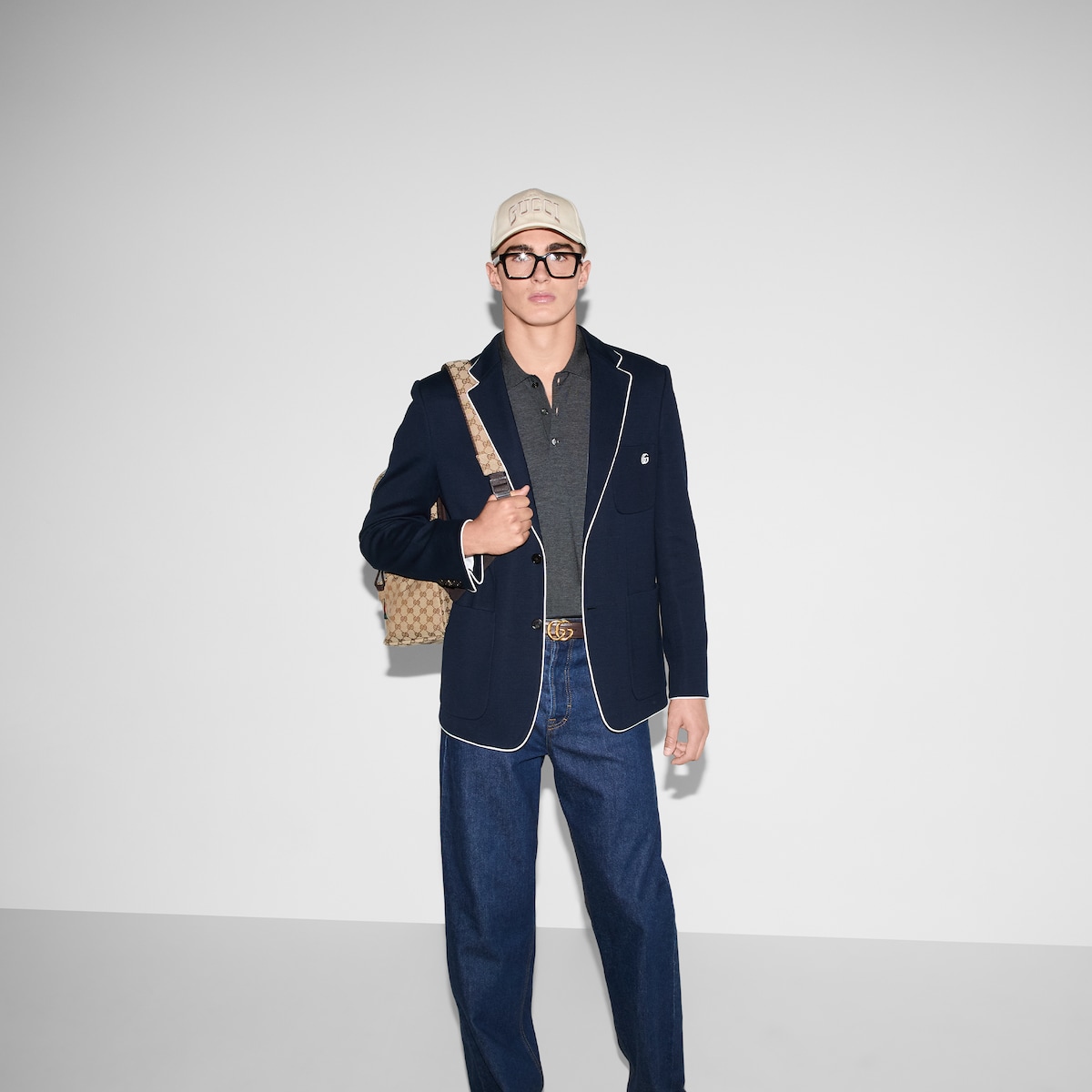 Cotton jersey jacket with embroidery in dark blue | GUCCI® US