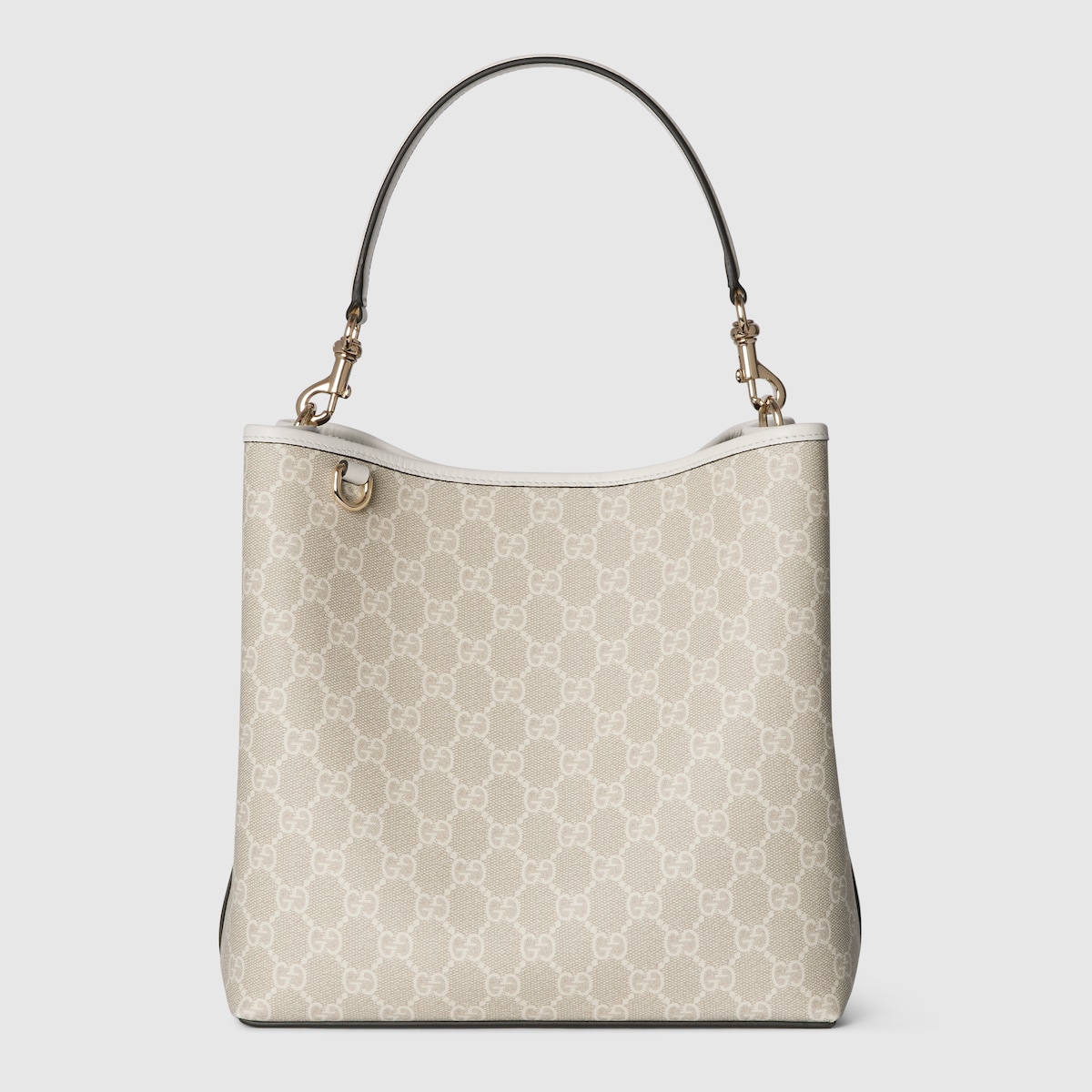 GG Emblem medium bucket bag in beige and white fabric | GUCCI® US