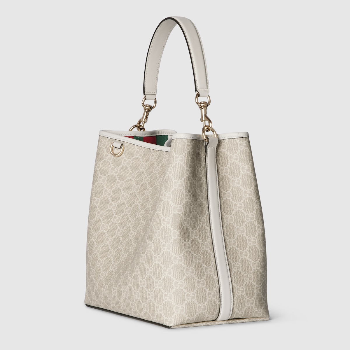 GG Emblem medium bucket bag in beige and white GG fabric | GUCCI® US