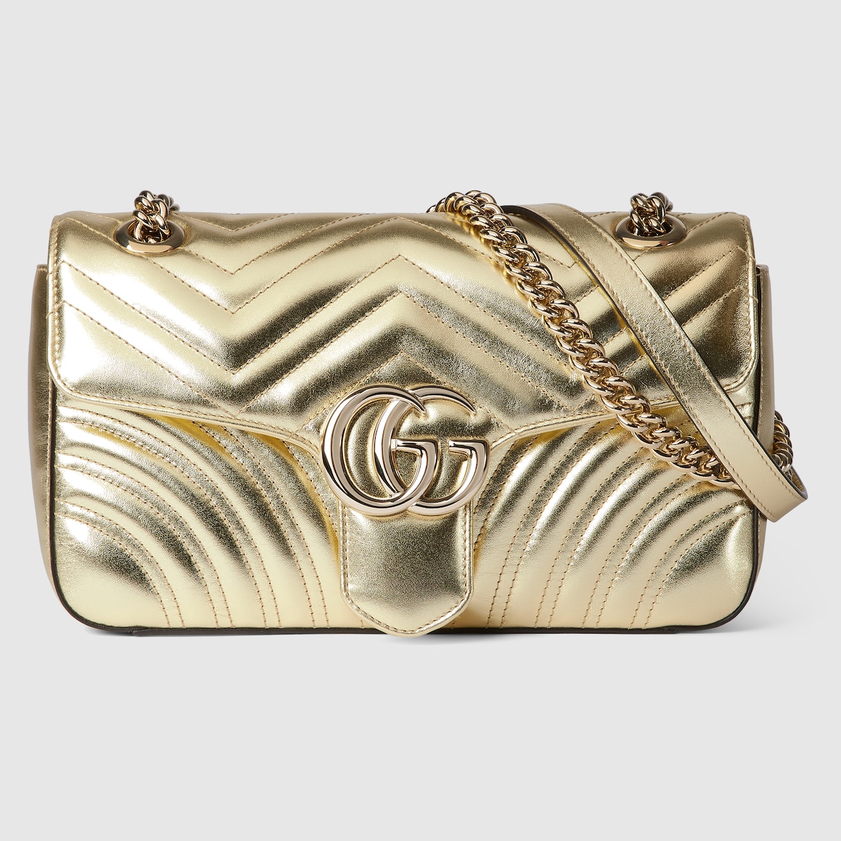 GG Marmont small shoulder bag in platinum metallic leather | GUCCI® BE