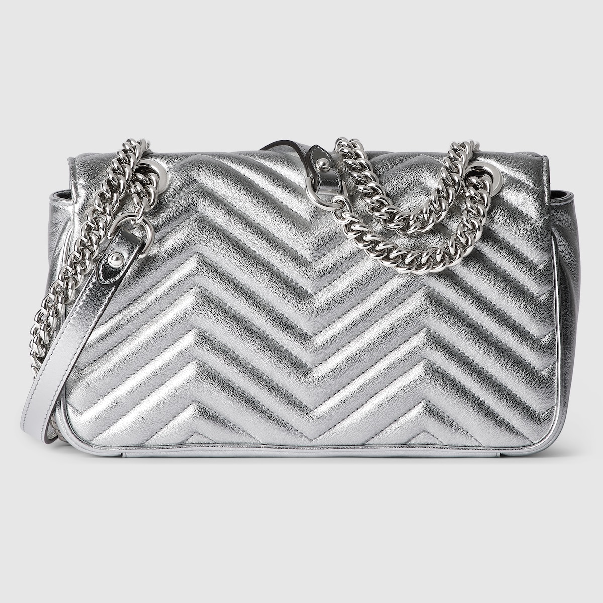 GG Marmont medium shoulder bag in metallic silver leather | GUCCI® US