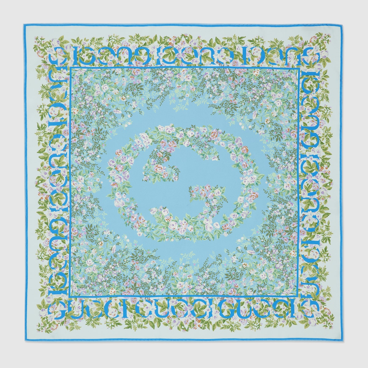 Carré in seta con stampa floreale Gucci Incrocio GG in celeste | GUCCI® CH