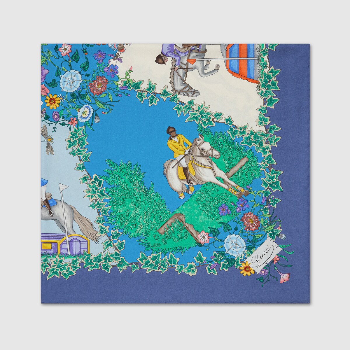 Printed silk twill carré in blue and multicolor | GUCCI® CA