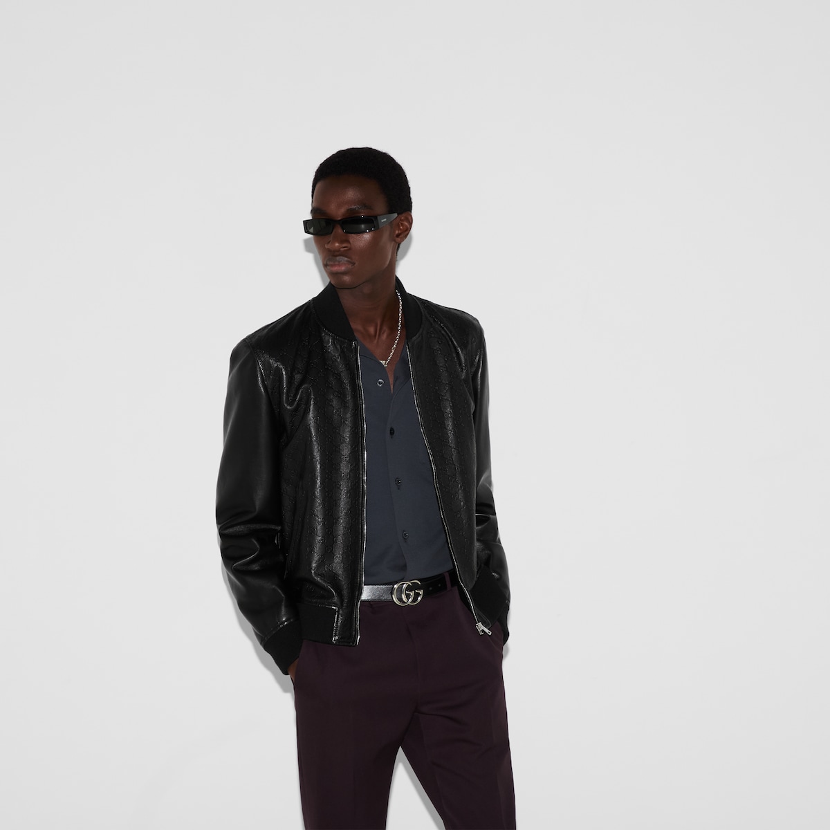 Embossed GG leather bomber jacket in black | GUCCI® UK