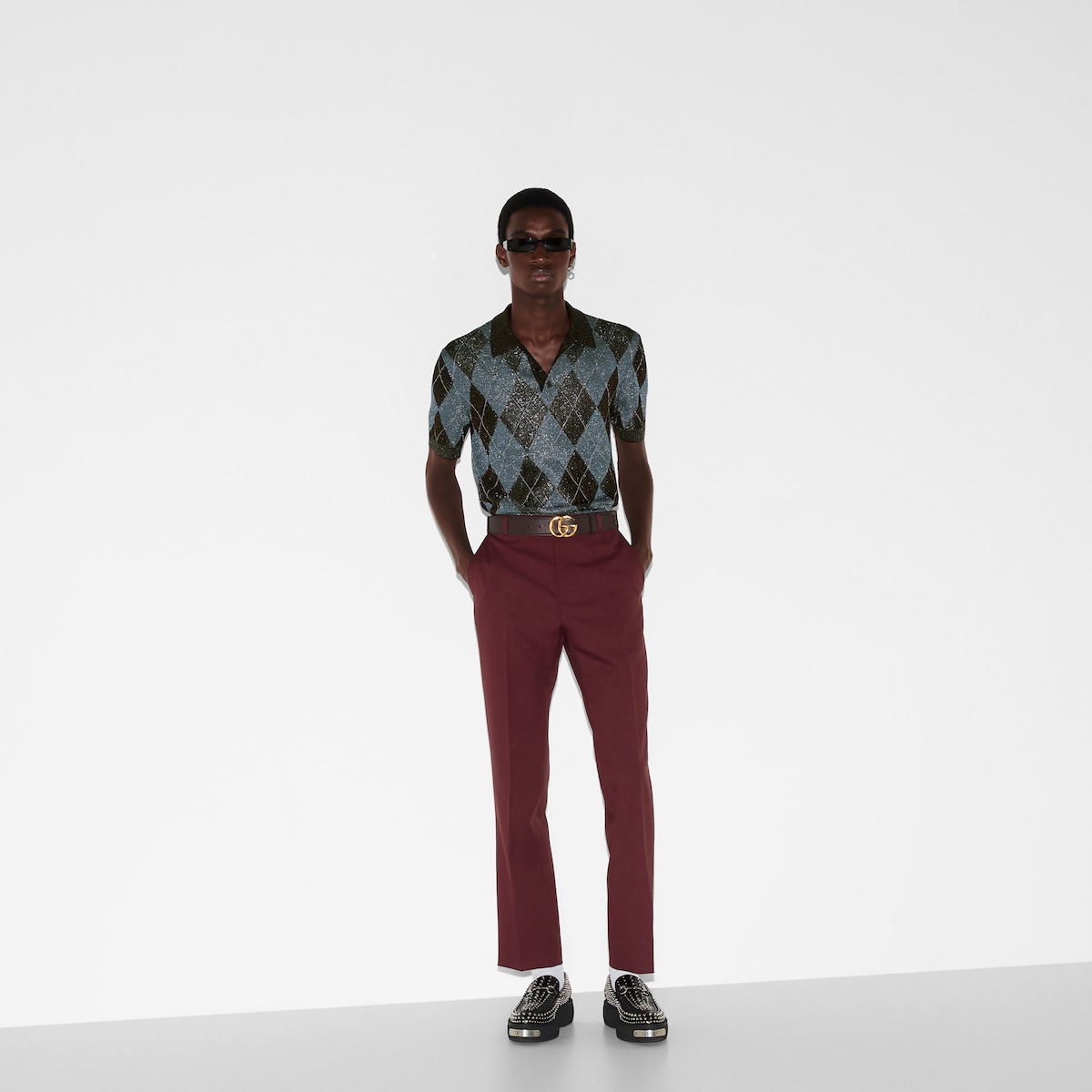 Pantalone ricamato in drill di poliestere in bordeaux | GUCCI® Italia