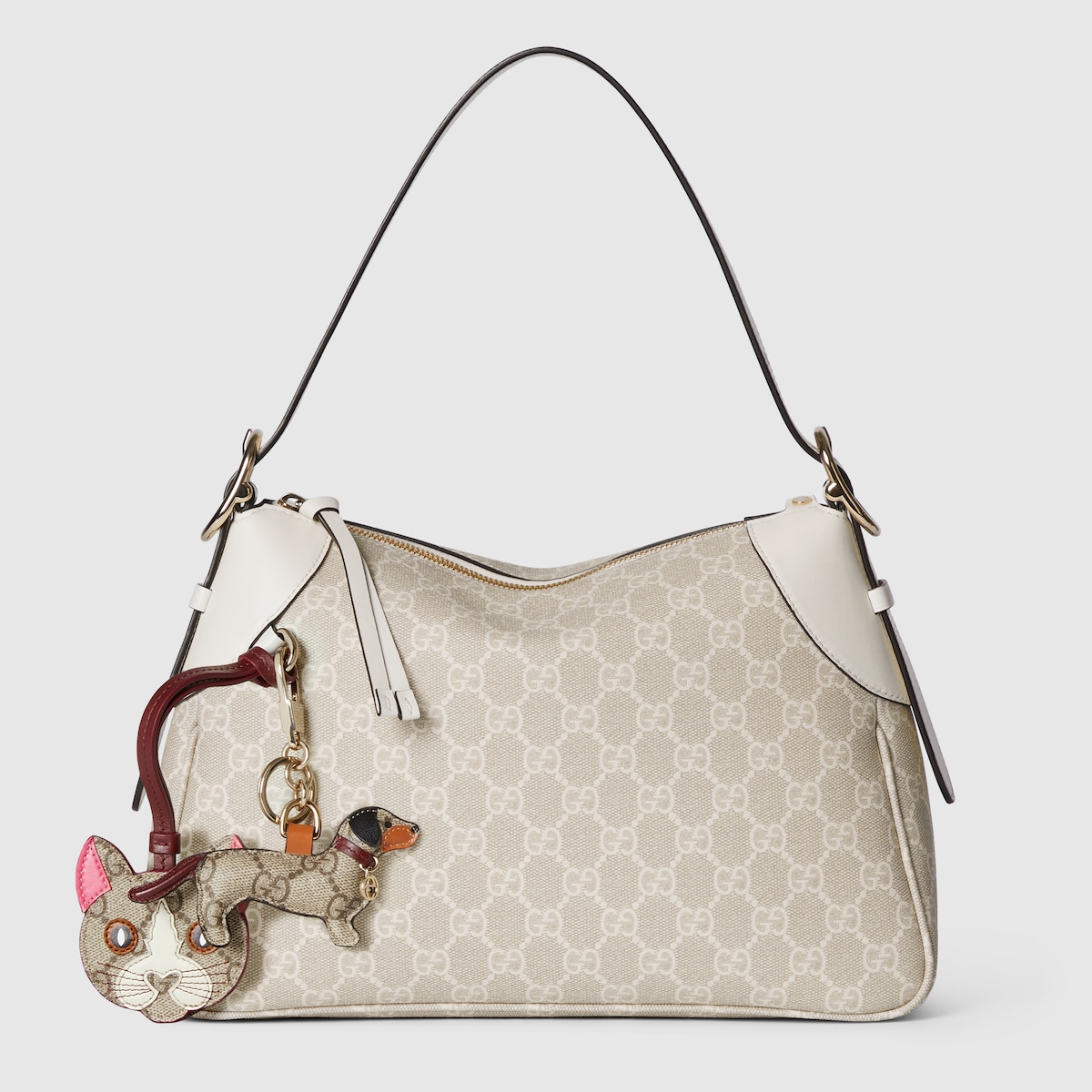 GG Emblem medium shoulder bag in beige and white fabric | GUCCI® US