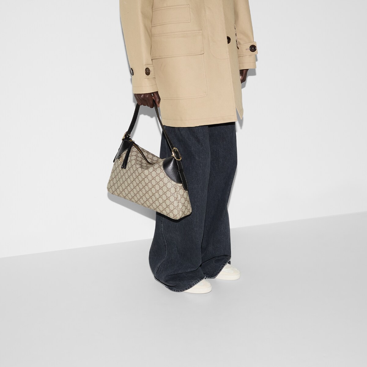 GG Emblem medium shoulder bag in beige and dark brown canvas | GUCCI ...