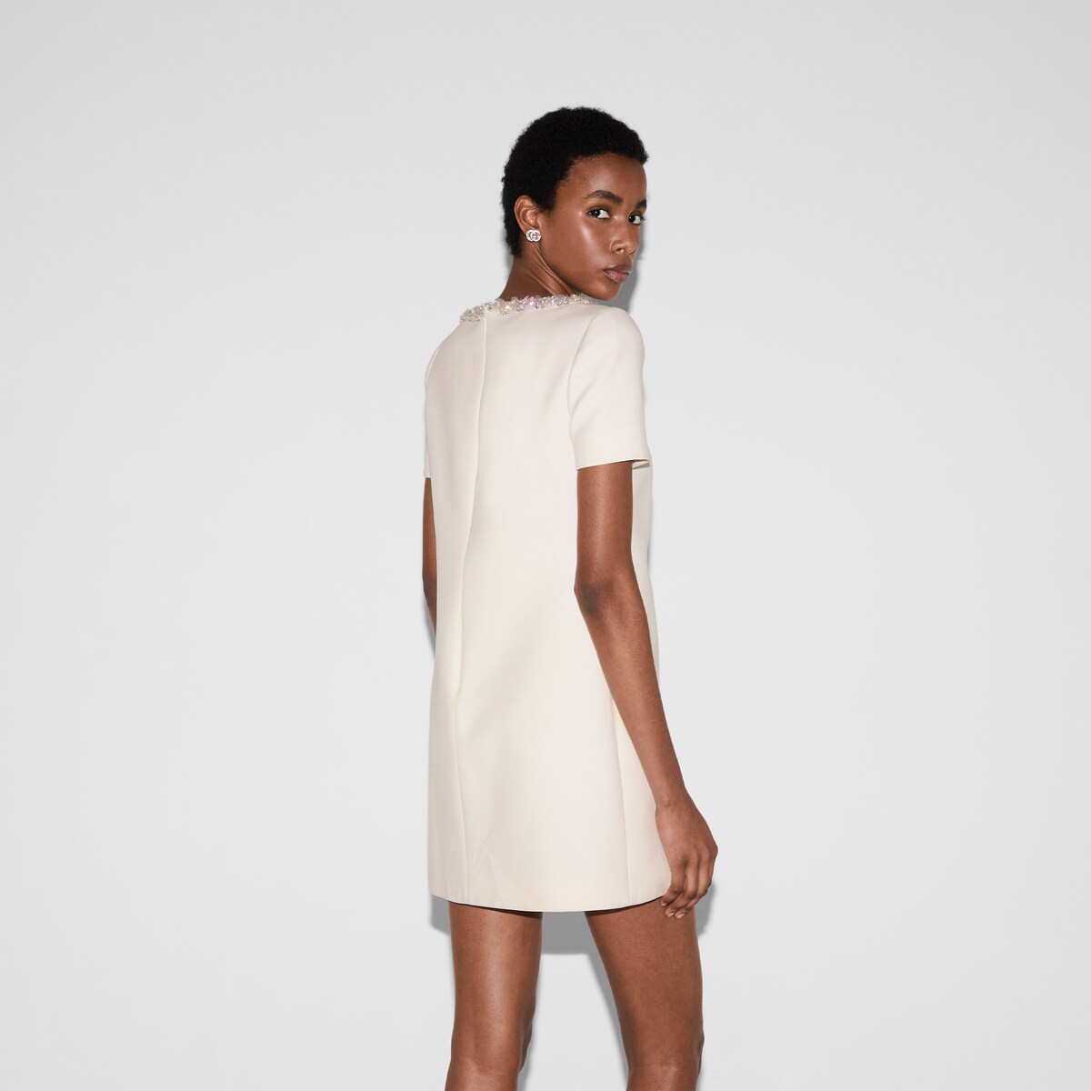 Embroidered wool silk crêpe mini dress in white | GUCCI® TR