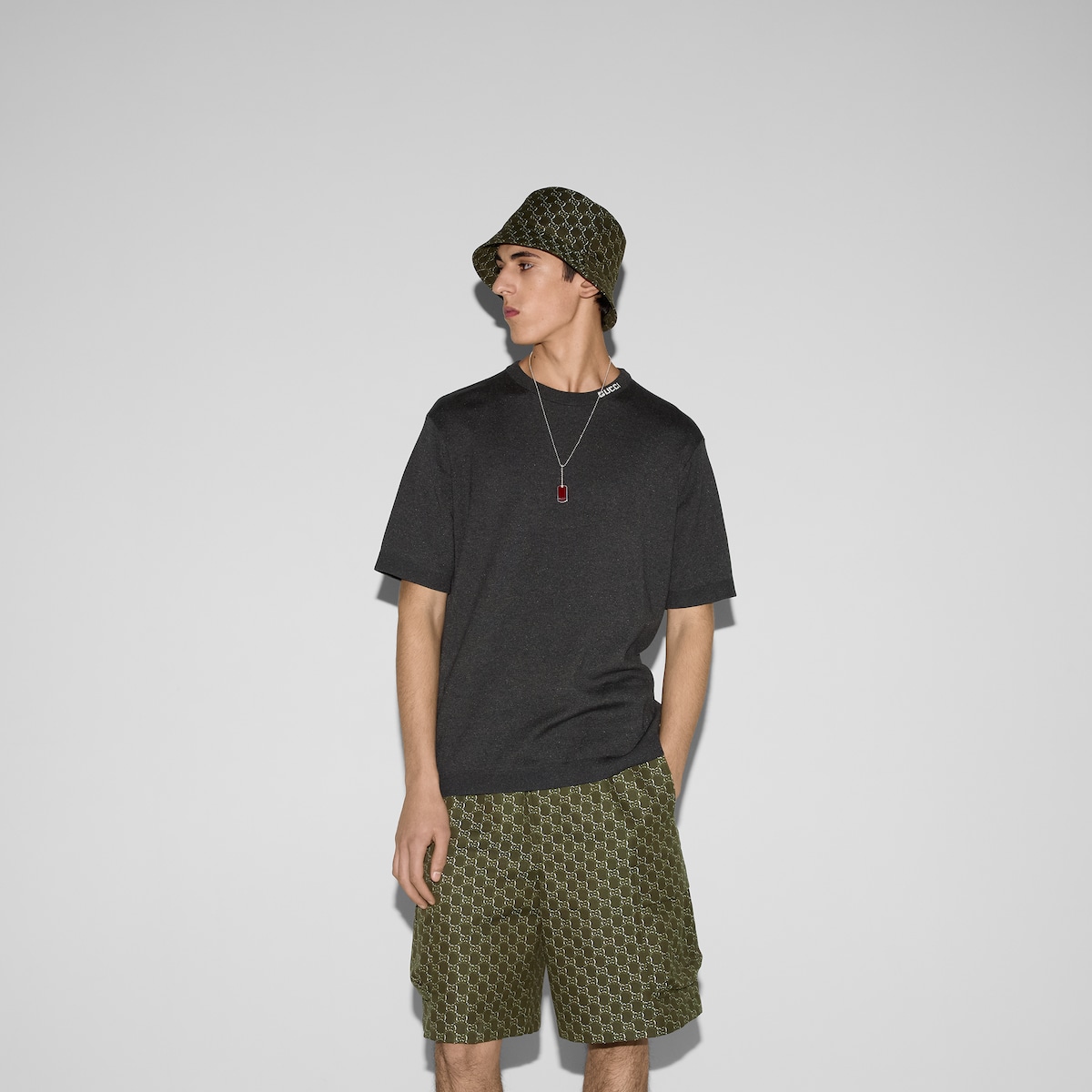 T-shirt in seta e cotone con intarsio in grigio | GUCCI® IT