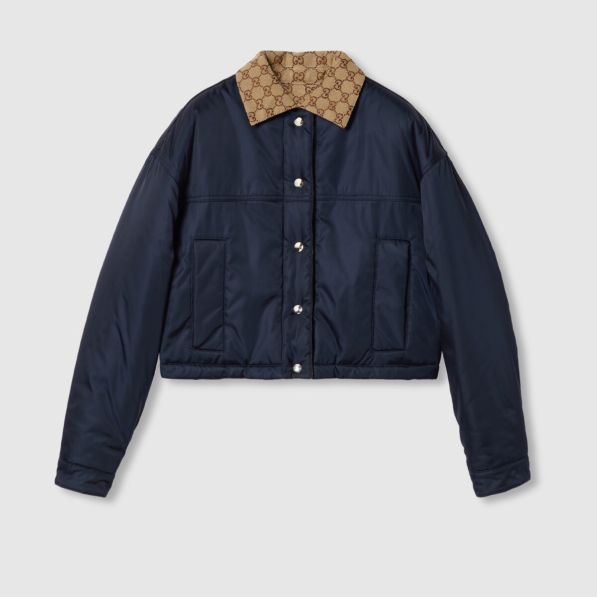 เสื้อแจ็คเก็ต Reversible gabardine nylon jacket inสีน้ำเงินเข้ม | GUCCI® TH