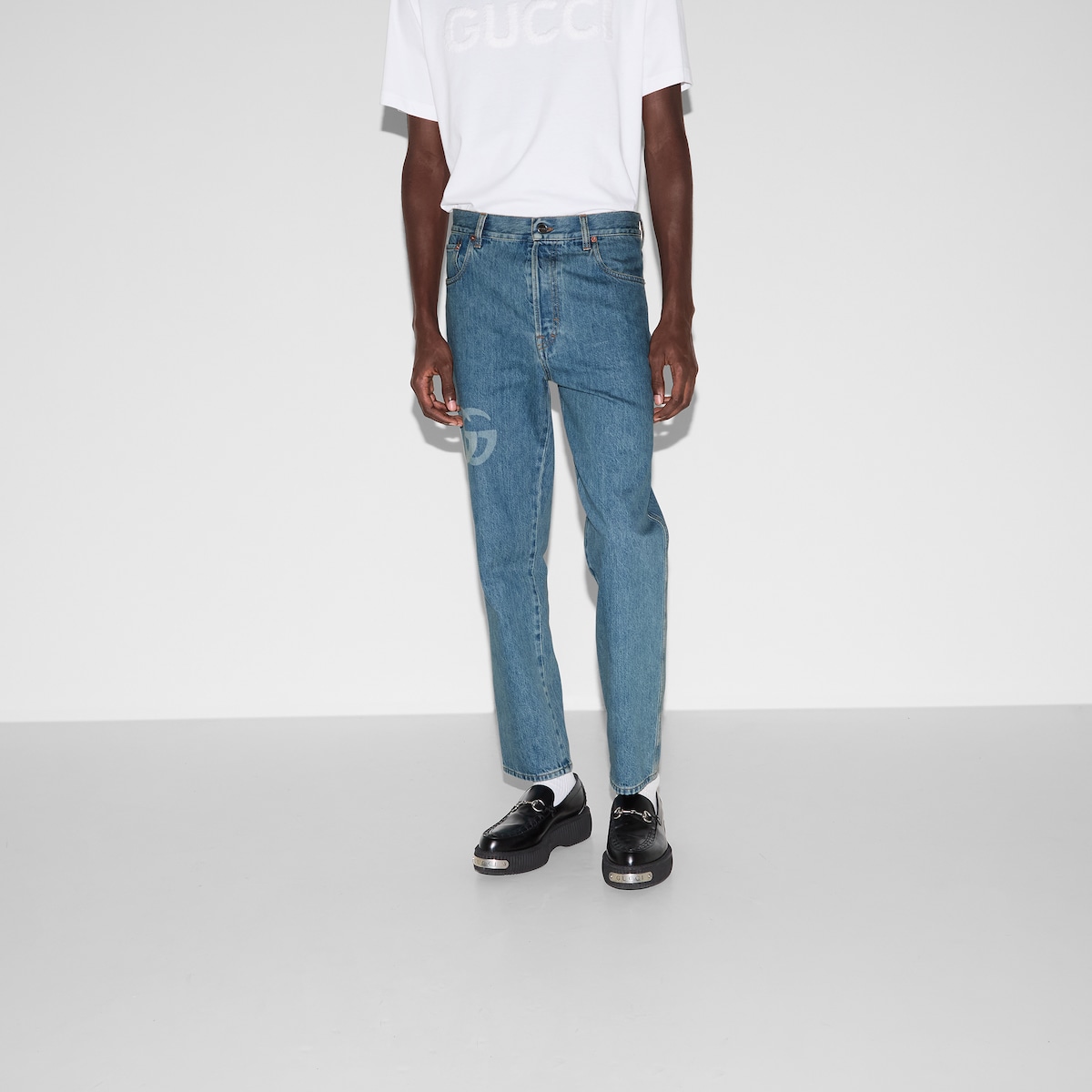 Lasered Double G denim trouser in blue | GUCCI® NZ