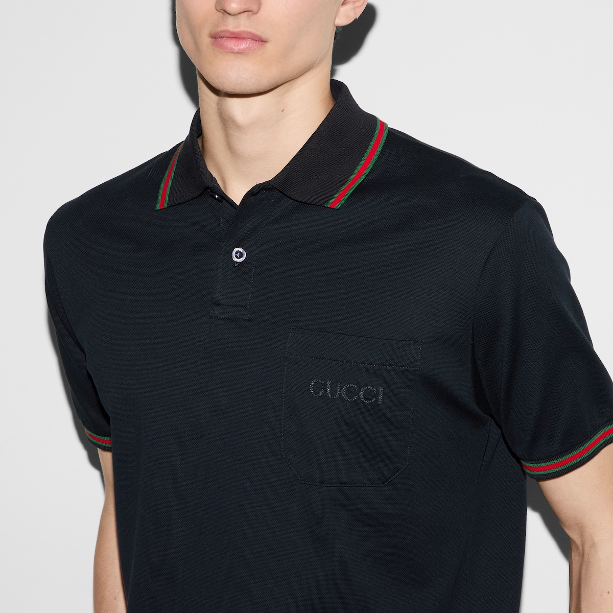 Cotton polo shirt with embroidery in dark blue | GUCCI® US