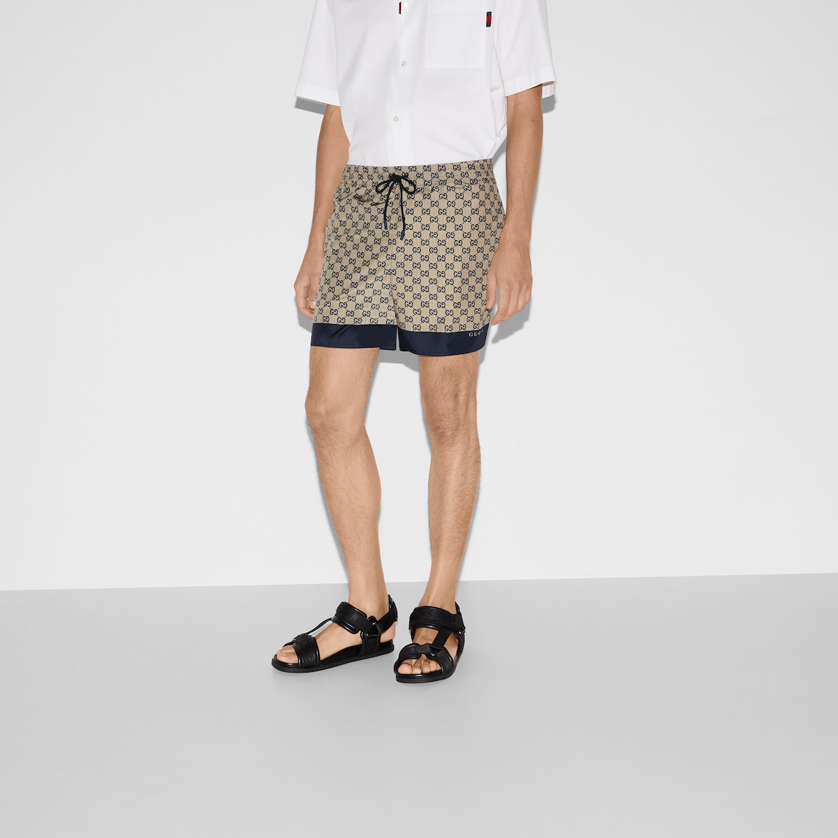 Costume da bagno in popeline tecnico stampato in beige e nero | GUCCI ...