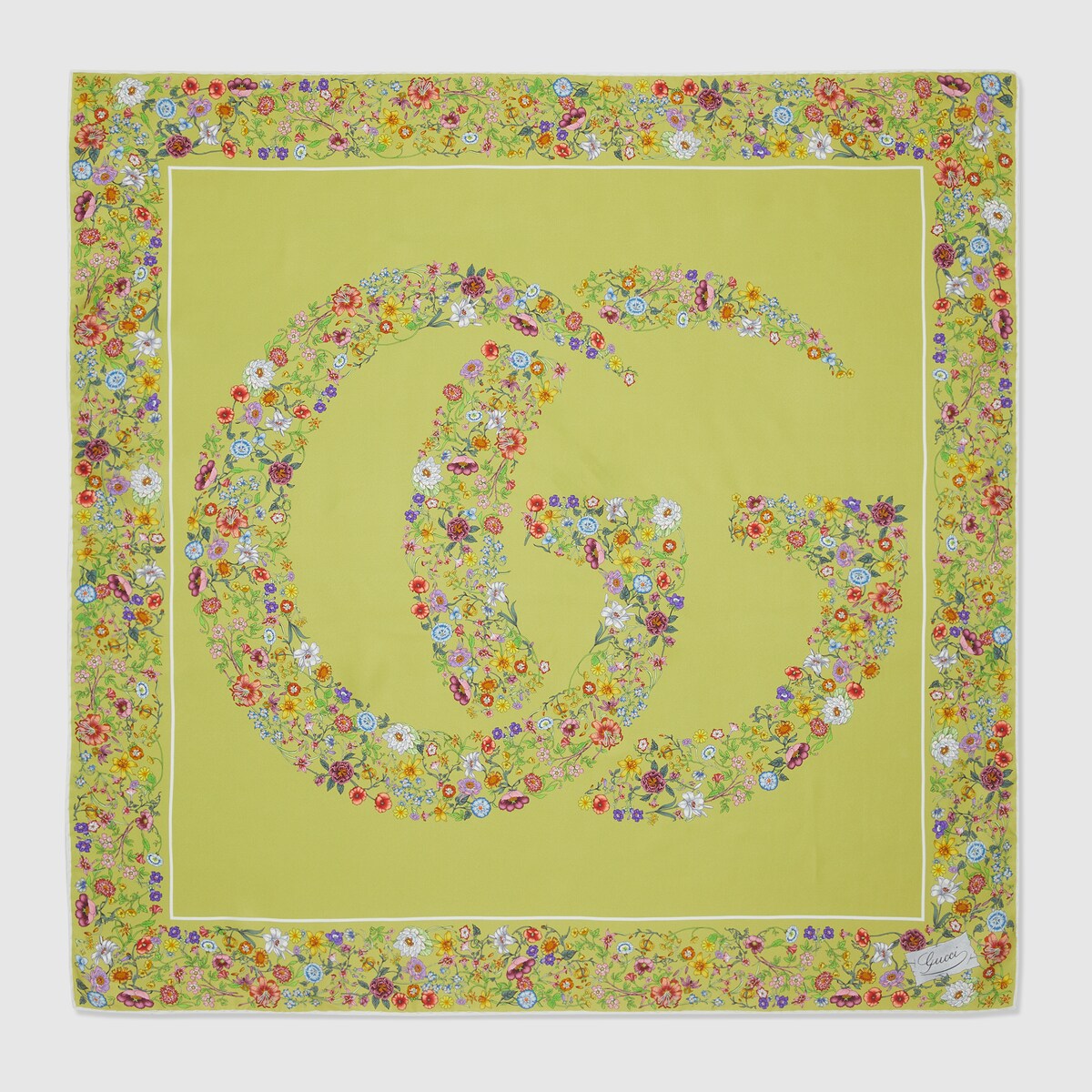 Double G floral print silk carré in beige and turquoise silk | GUCCI® RO