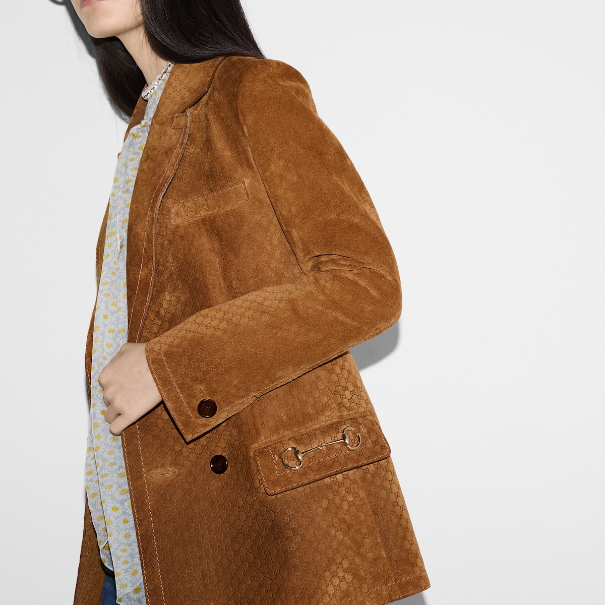 GG suede double-breasted jacket in brown | GUCCI® CA