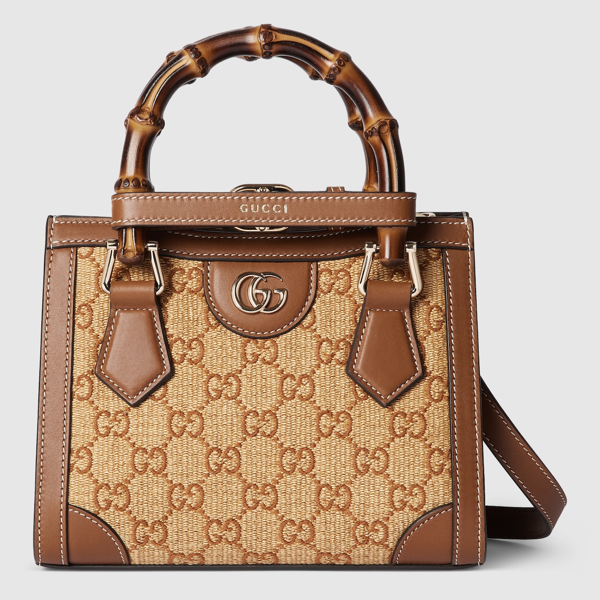 Gucci Diana mini tote bag in brown raffia-effect fabric | GUCCI® Canada