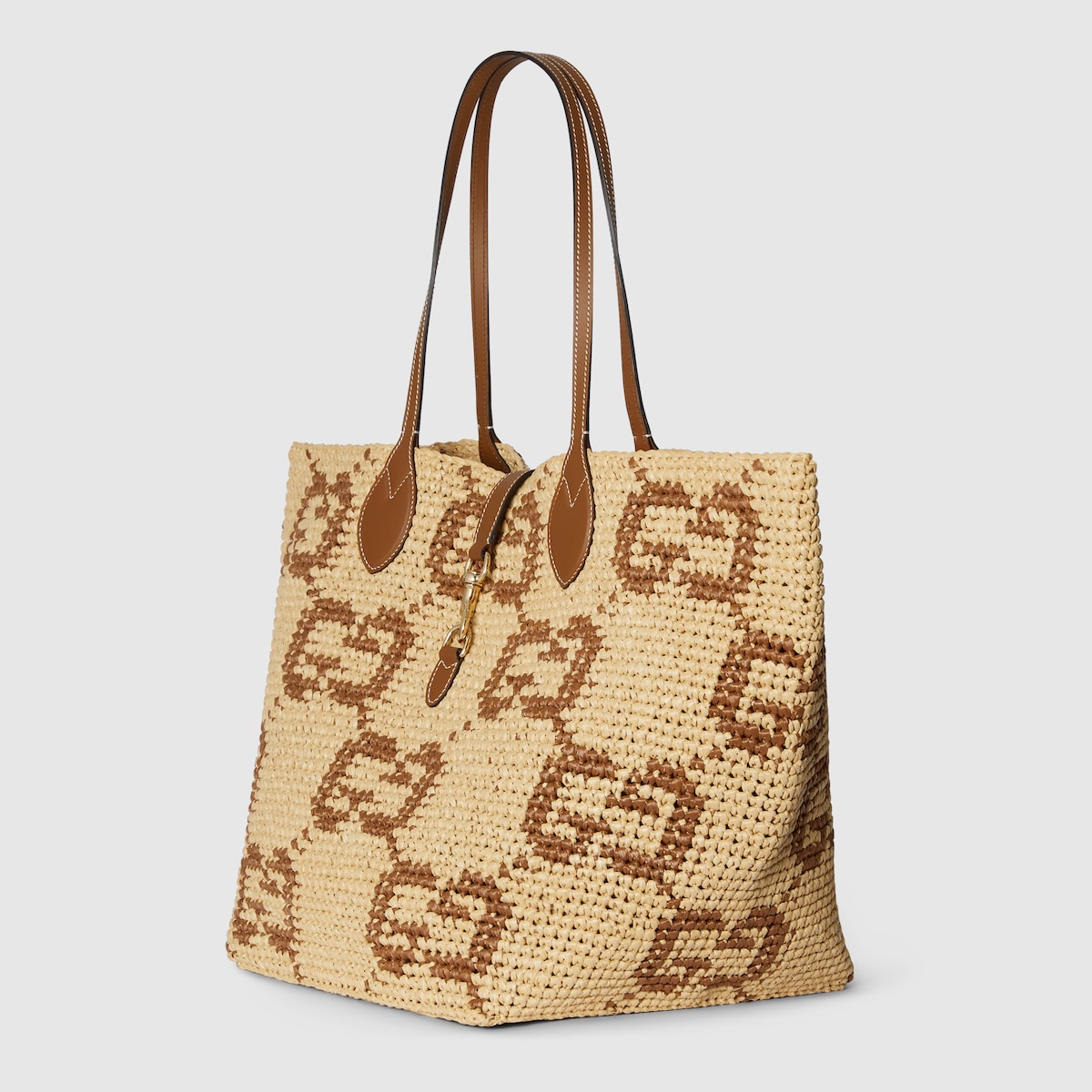 กระเป๋า Large raffia-effect tote bag inผ้าสีธรรมชาติและสีน้ำตาล | GUCCI® TH