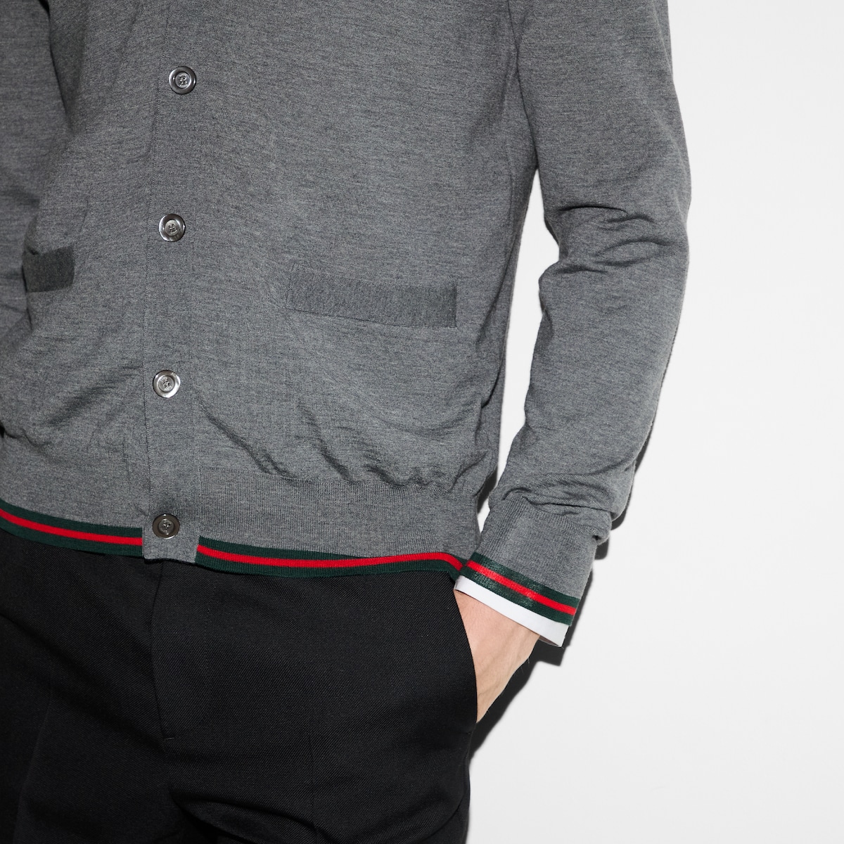 Wool knit cardigan with Web in dark grey | GUCCI® ZA
