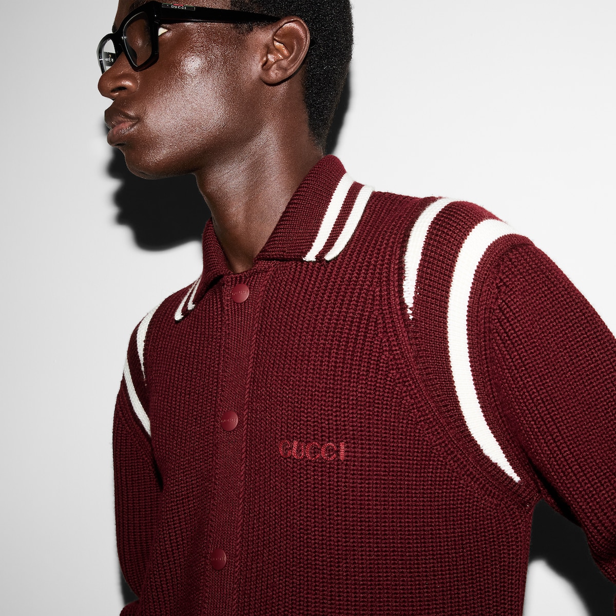 Knit wool cardigan with embroidery in bordeaux | GUCCI® BE