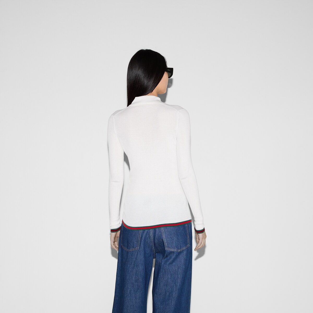 Cashmere and silk polo top with Web in white | GUCCI® US